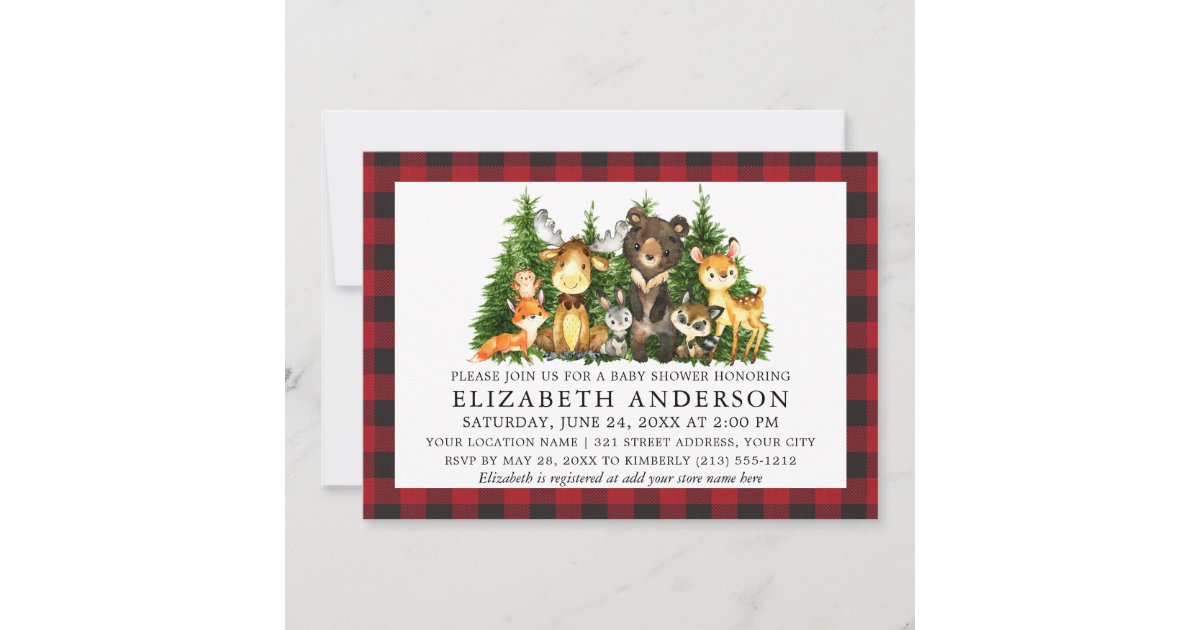 Watercolor Woodland Animals Red Plaid Baby Shower Invitation | Zazzle