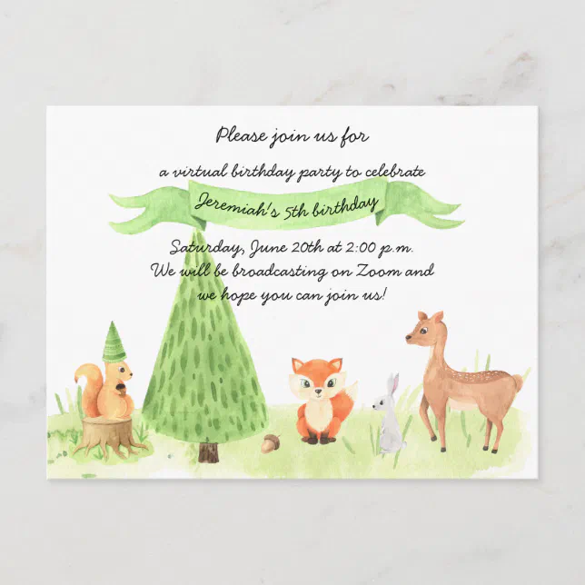 Watercolor Woodland Animals Virtual Birthday Party Postcard | Zazzle