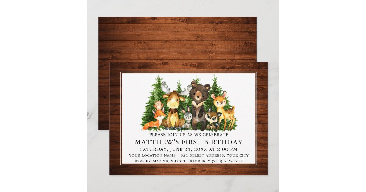 Watercolor Woodland Animals Wood First Birthday Invitation | Zazzle