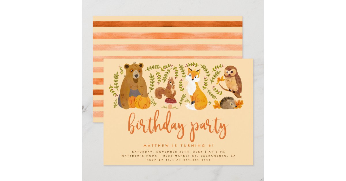 Watercolor Woodland Forest Animals Fall Birthday Invitation | Zazzle