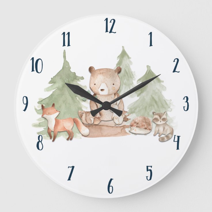 Watercolor Woodland Forest Animals Nursery Bedroom Large Clock | Zazzle