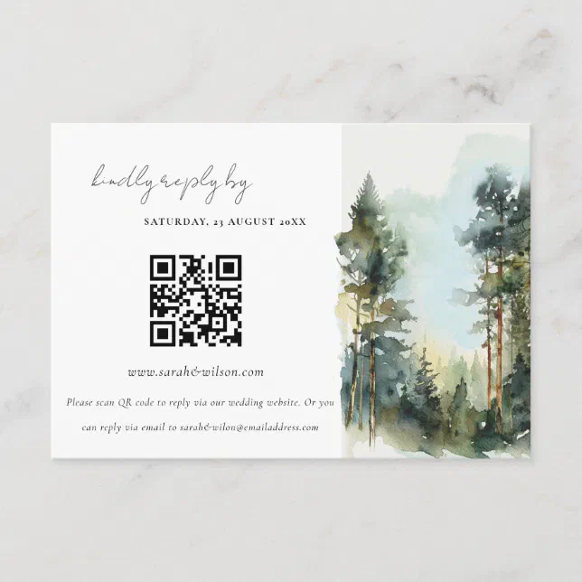 Watercolor Woodland Forest Wedding QR Code RSVP Enclosure Card | Zazzle