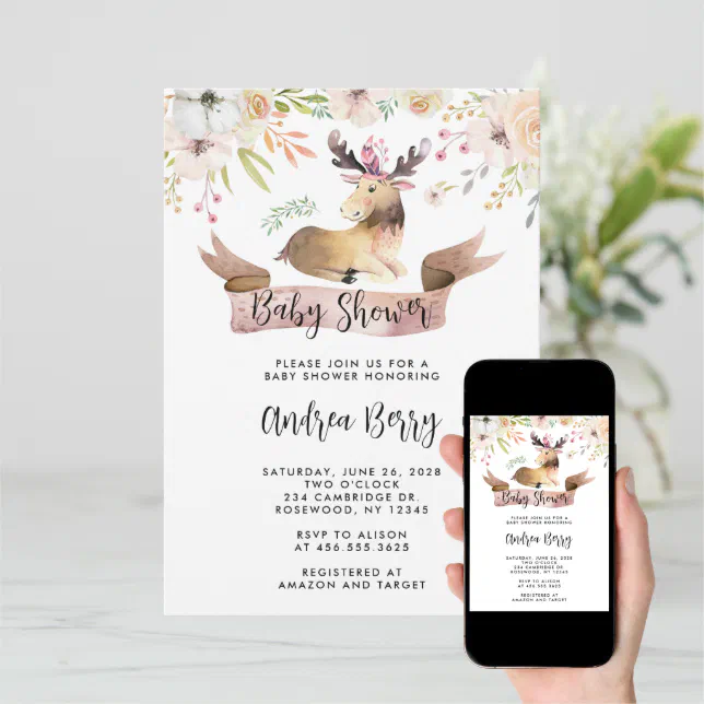 Watercolor Woodland Moose Baby Shower Invitation | Zazzle