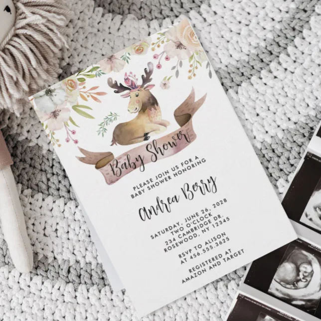 Watercolor Woodland Moose Baby Shower Invitation | Zazzle