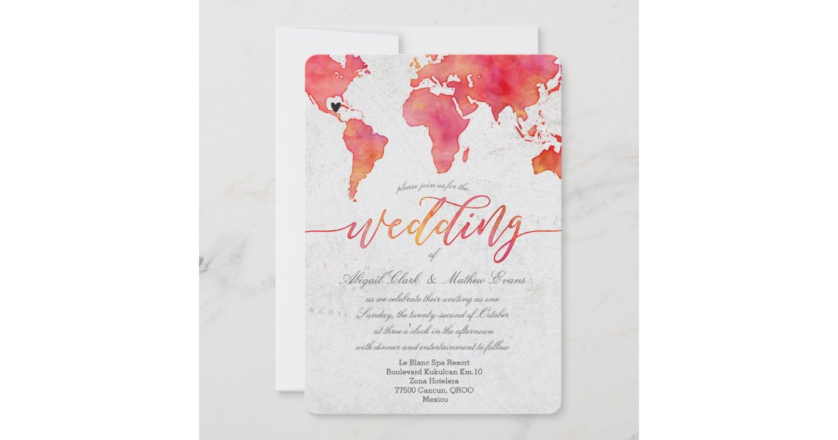 Watercolor World Map Destination Wedding Invitatio Invitation | Zazzle