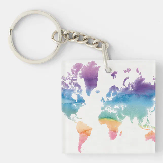 Watercolor World Map Keychain | Zazzle