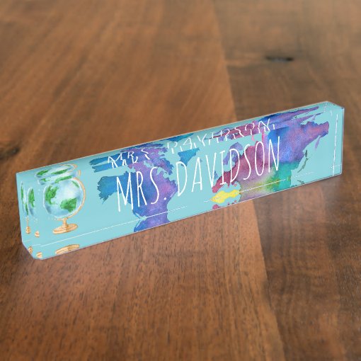 Watercolor World Map Nameplate | Zazzle