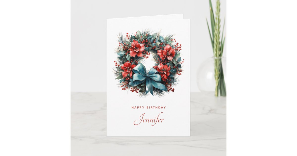 Watercolor Wreath with Holly Birthday Card | Zazzle