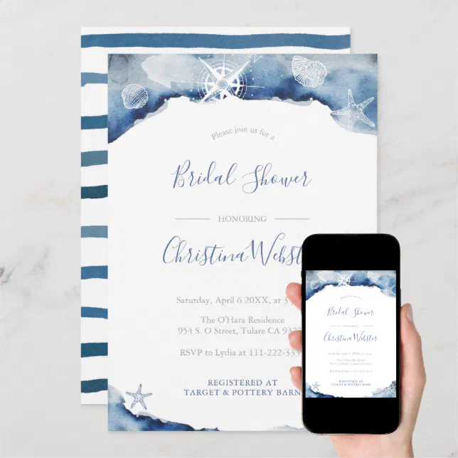 Watercolor Yachting Indigo Gray Bridal Shower Invitation | Zazzle