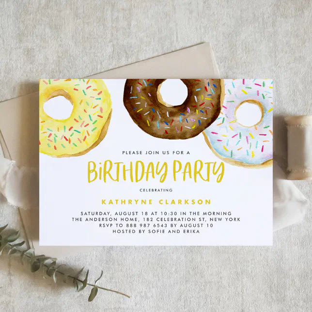 Watercolor Yellow and Chocolate Donuts Birthday Invitation | Zazzle