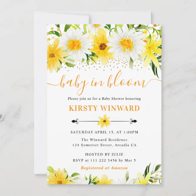 Watercolor Yellow Summer Flowers Baby Shower Invitation | Zazzle