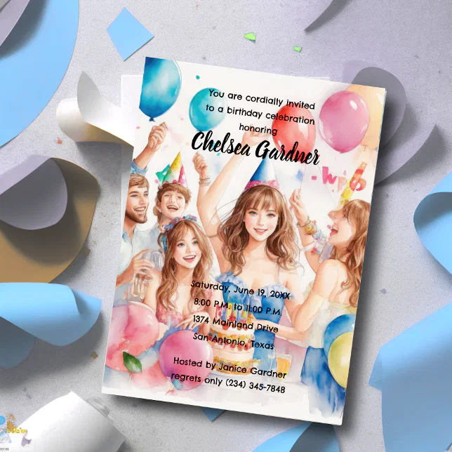 Watercolor Young People Celebrating Birthday Invitation | Zazzle