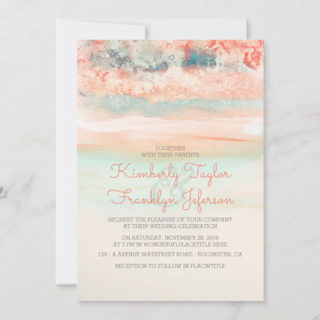 Watercolors Beach Wedding Pink Blue Invitation | Zazzle