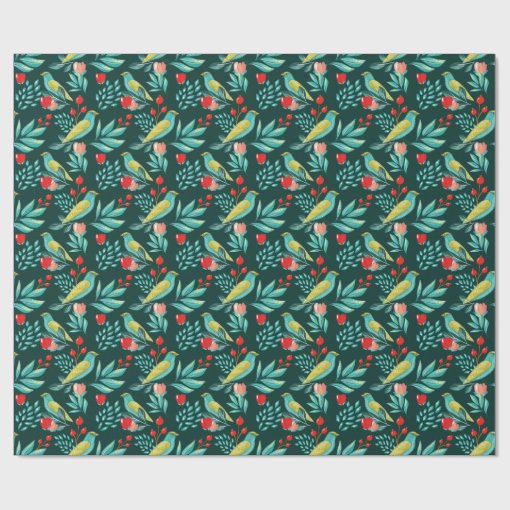 Watercolour Birds, Cranberry & Greenery Christmas Wrapping Paper | Zazzle
