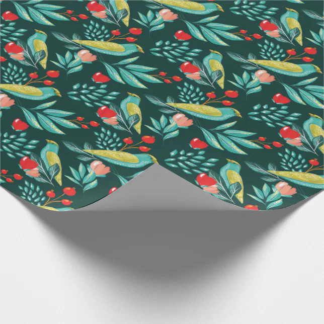 Watercolour Birds, Cranberry & Greenery Christmas Wrapping Paper | Zazzle