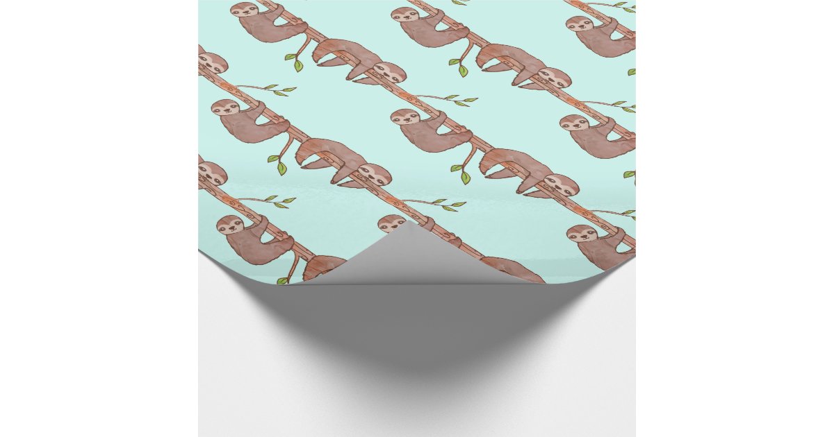 Watercolour Cute Baby Sloths on Tree Pattern Wrapping Paper | Zazzle