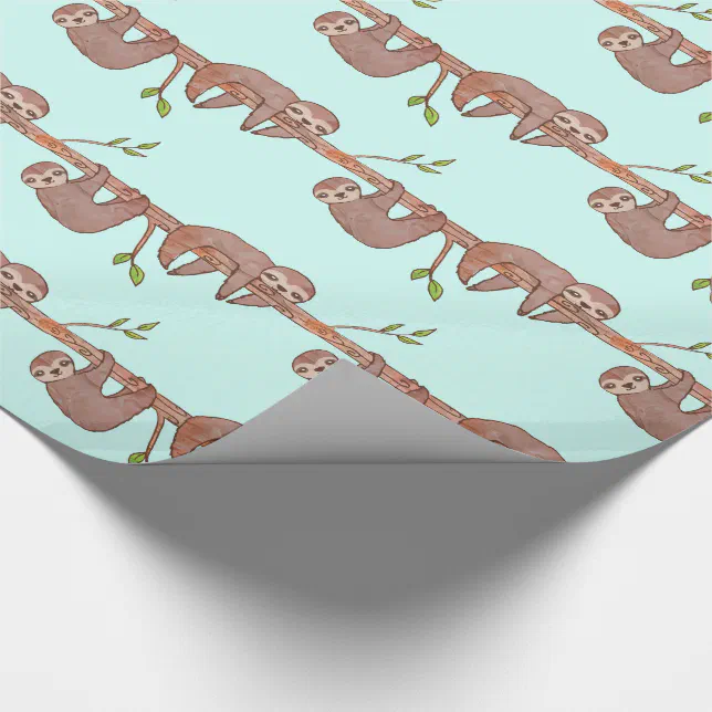 Watercolour Cute Baby Sloths on Tree Pattern Wrapping Paper | Zazzle