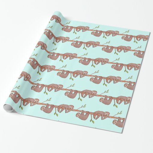 Watercolour Cute Baby Sloths on Tree Pattern Wrapping Paper | Zazzle