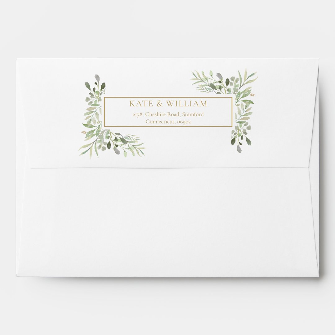 Watercolour Greenery Foliage Gold Typography Envelope | Zazzle
