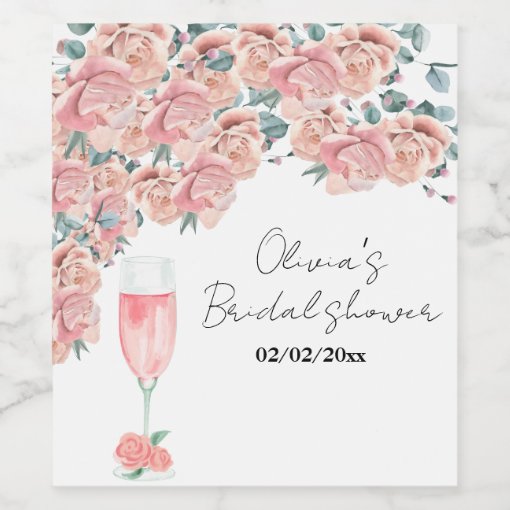 Watercolour petals & prosecco summer bridal shower wine label | Zazzle