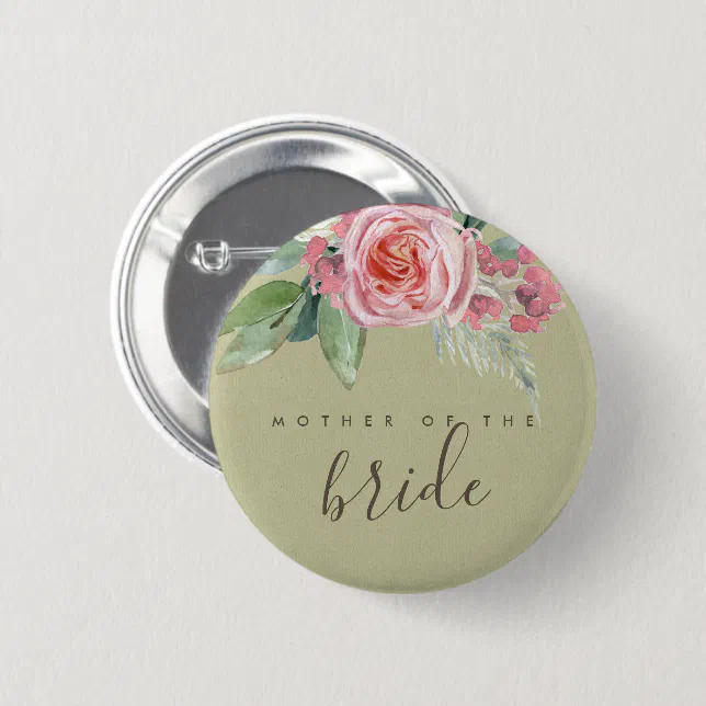 WATERCOLOUR PINK FLOWER FOLIAGE MOTHER OF BRIDE BUTTON | Zazzle