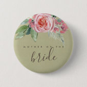 WATERCOLOUR PINK FLOWER FOLIAGE MOTHER OF BRIDE BUTTON | Zazzle
