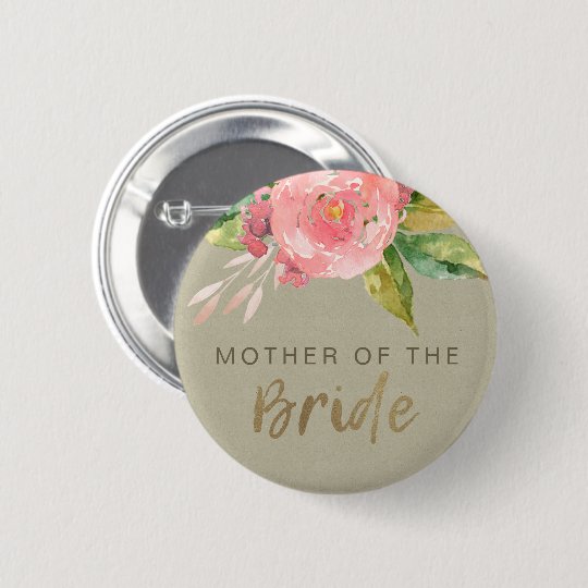 WATERCOLOUR PINK FLOWER FOLIAGE MOTHER OF BRIDE BUTTON | Zazzle.com
