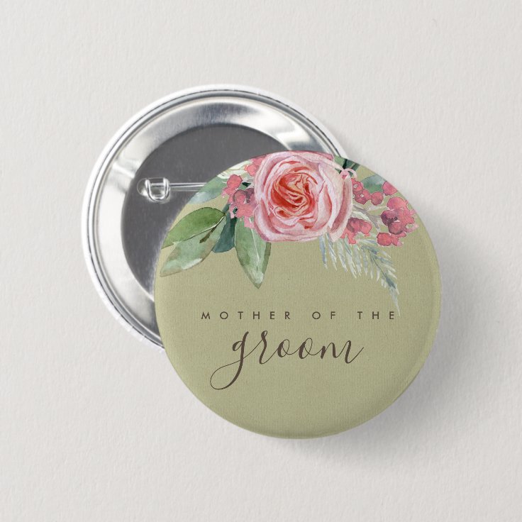 WATERCOLOUR PINK FLOWER FOLIAGE MOTHER OF GROOM BUTTON | Zazzle