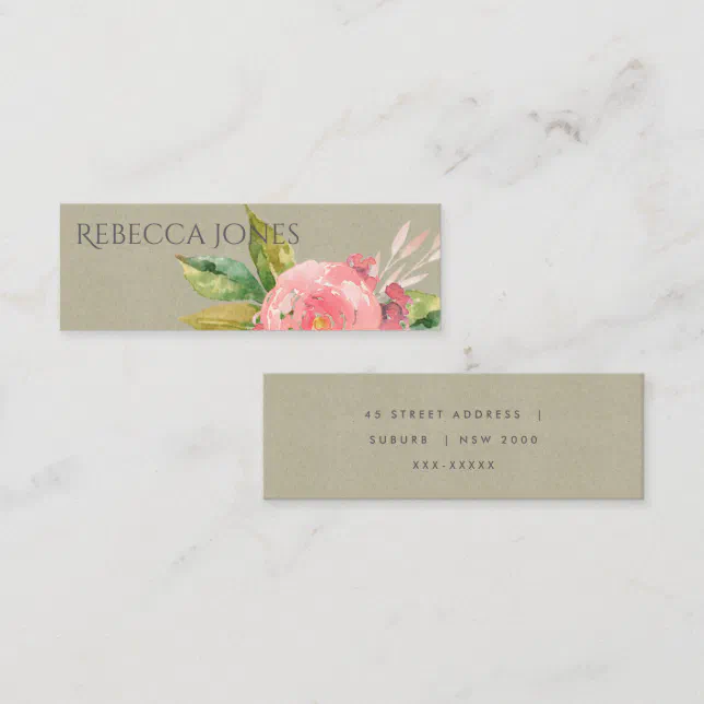 WATERCOLOUR PINK FLOWER GREEN FOLIAGE ADDRESS MINI BUSINESS CARD | Zazzle
