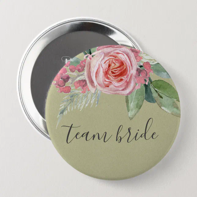 WATERCOLOUR PINK FLOWER GREEN FOLIAGE TEAM BRIDE PINBACK BUTTON | Zazzle