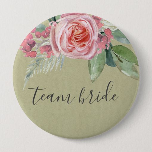 WATERCOLOUR PINK FLOWER GREEN FOLIAGE TEAM BRIDE PINBACK BUTTON | Zazzle