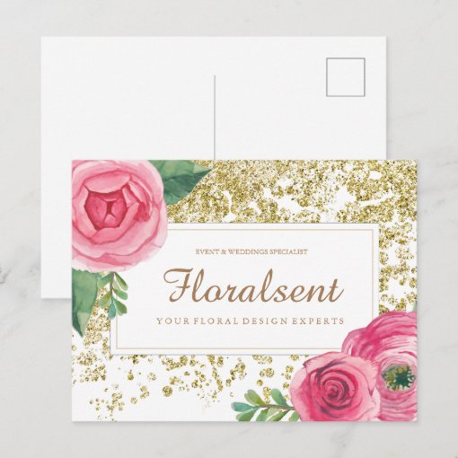 Watercolour Pink Roses and Faux Gold Glitter Postcard | Zazzle