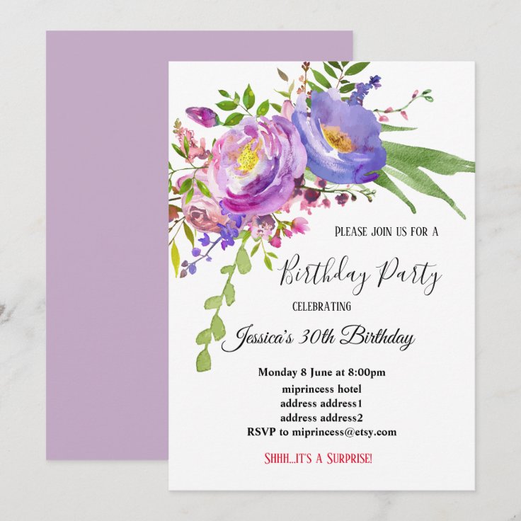 watercolour purple pink floral birthday invitation | Zazzle