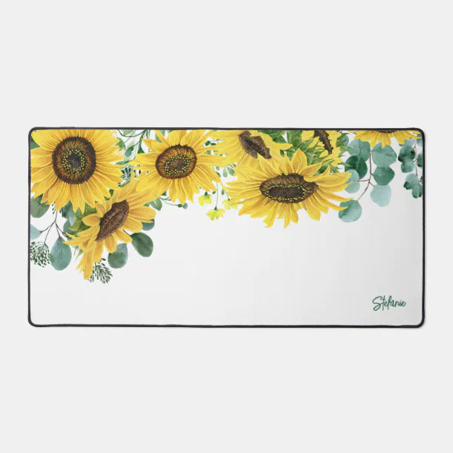 Watercolour Sunflowers and Eulcayptus Leaves Desk Mat | Zazzle