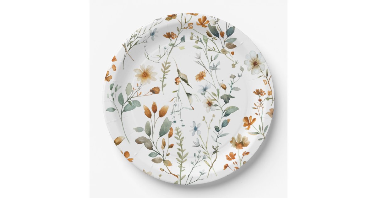 Watercolour wild flower Boho style Paper Plates | Zazzle