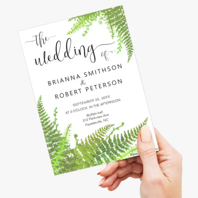 Watercor Floral Green Fern Leaves Wedding Invitation | Zazzle
