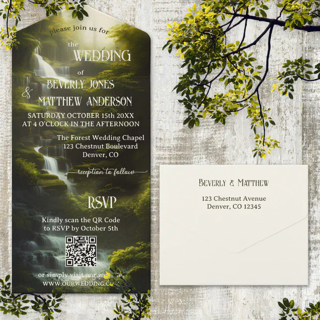 Waterfall Forest Greenery QR Code Wedding All In One Invitation | Zazzle