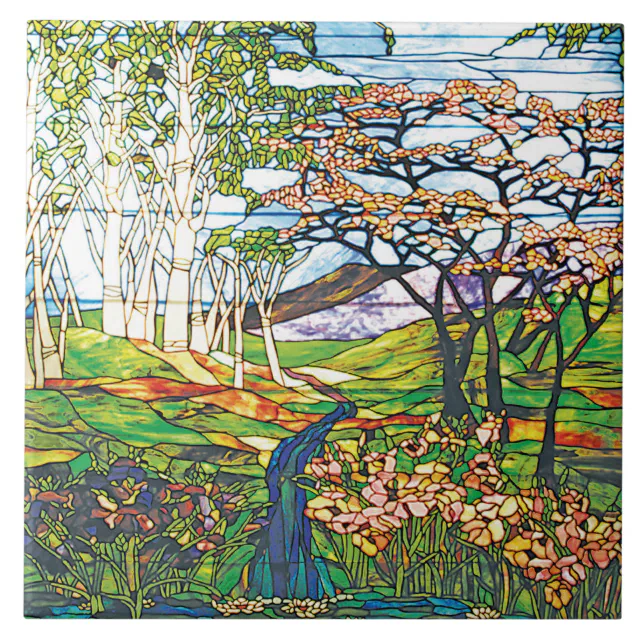 Waterfall Iris Birch Tiffany Stained Glass Vintage Ceramic Tile | Zazzle