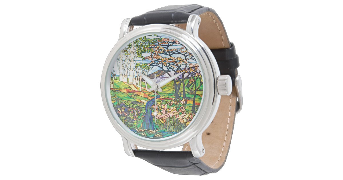 Waterfall Iris Birch Tiffany Stained Glass Window Watch | Zazzle