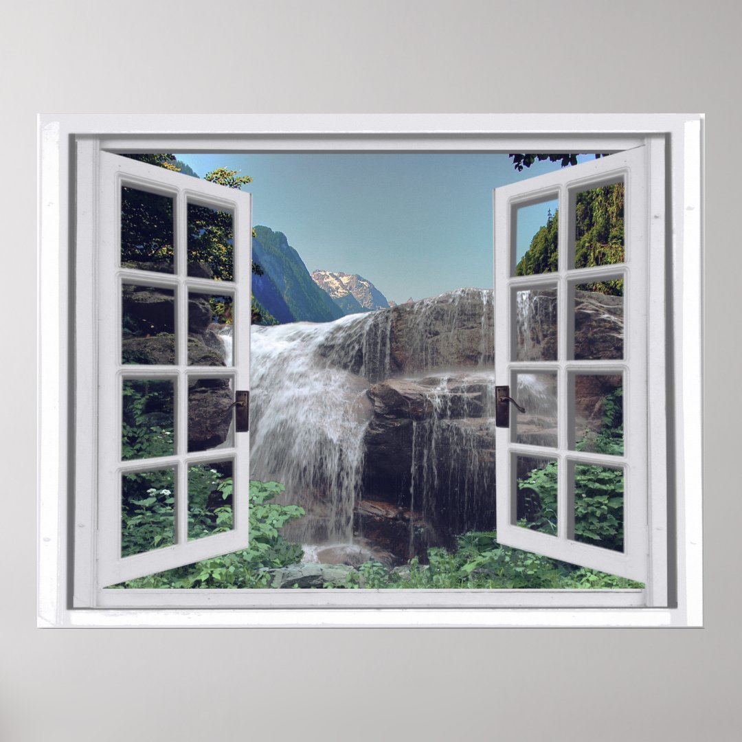 Waterfall Mountain Faux Window View Poster | Zazzle