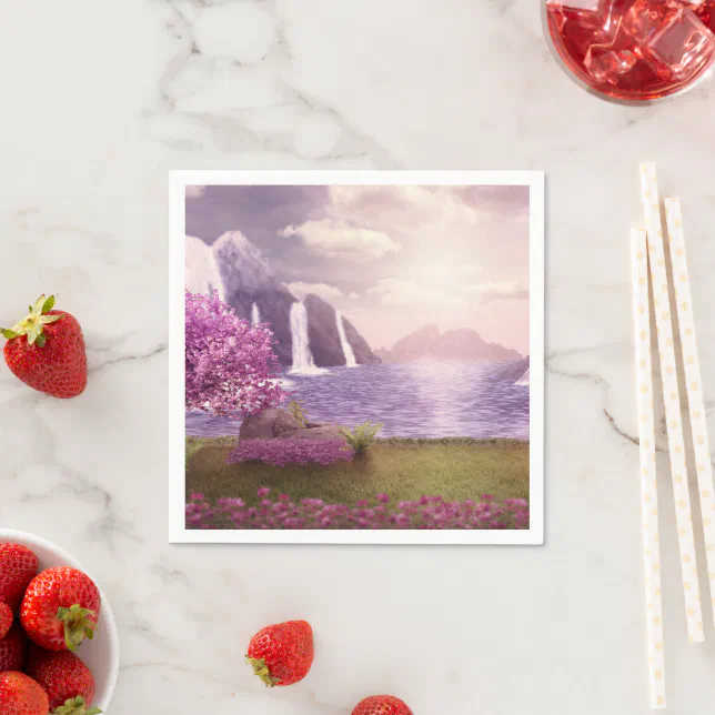 Waterfalls & Cherry Trees around a Lake Napkins | Zazzle