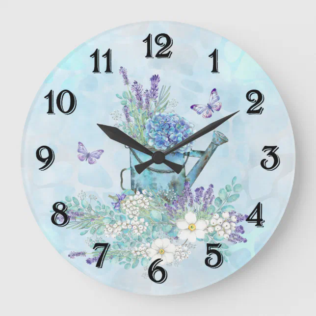 Watering Can With Summertime Flowers & Butterflies Large Clock | Zazzle