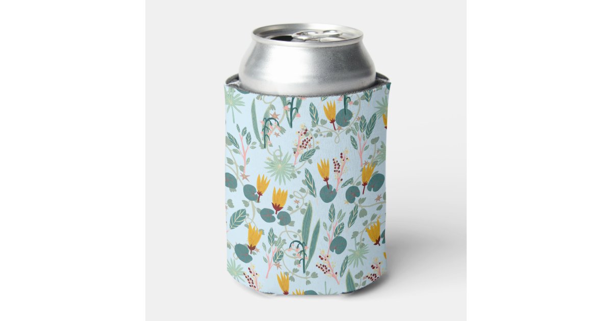Waterlily Blooms Garden Pattern BLue Can Cooler | Zazzle