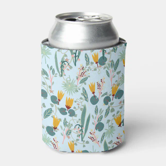 Waterlily Blooms Garden Pattern BLue Can Cooler | Zazzle