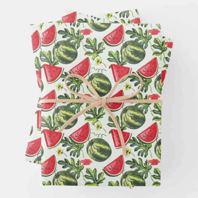 Watermelon Fruit, Watermelon Slices and Leaves Wrapping Paper Sheets ...