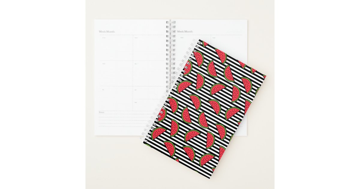 Watermelon on Black & White Stripes Pattern Planner | Zazzle