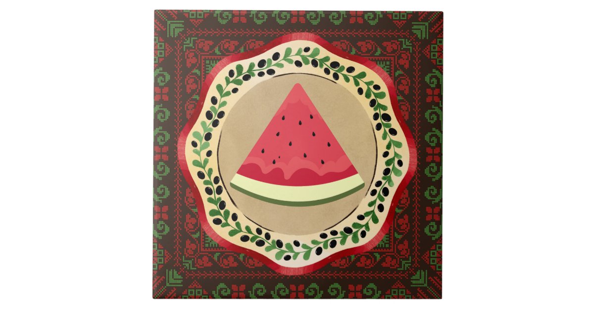 watermelon on olive plate with Palestinian tatreez Ceramic Tile | Zazzle
