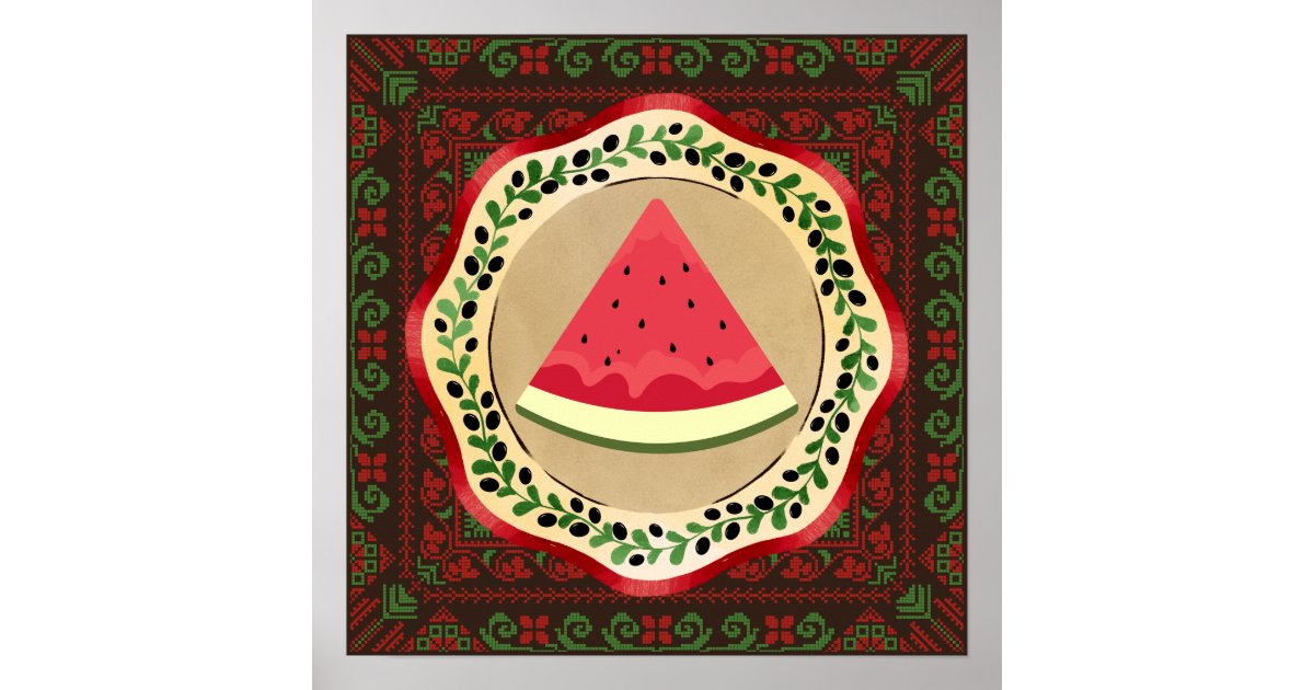 watermelon on olive plate with Palestinian tatreez Poster | Zazzle