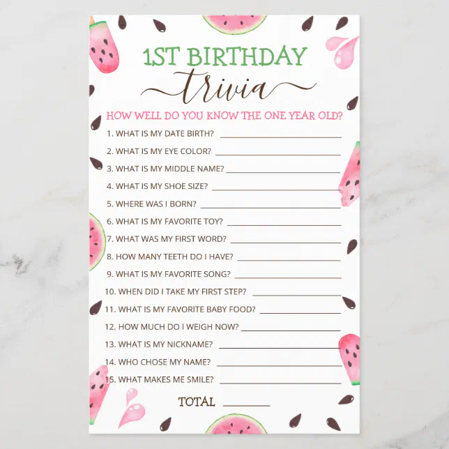 Watermelon One In A Melon 1st Birthday Trivia Game | Zazzle