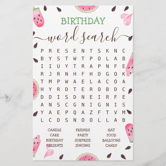 Watermelon One In A Melon Birthday Word search | Zazzle